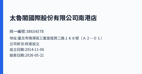 太魯閣國際股份有限公司南港店的照片-統編 38634378(臺北市) 公司登記資料與營業項目詳細圖表
