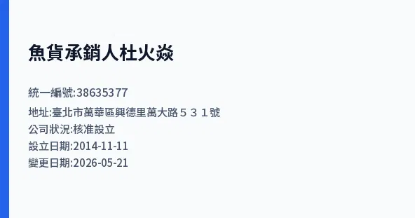 魚貨承銷人杜火焱的照片-統編 38635377(臺北市) 公司登記資料與營業項目詳細圖表