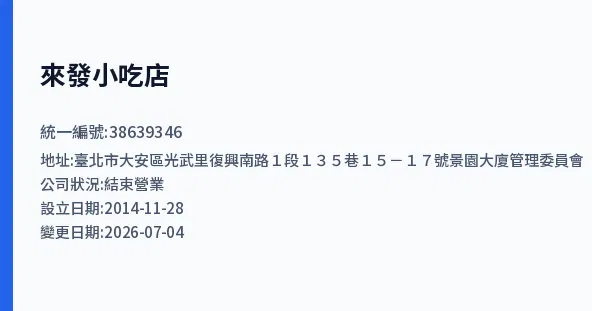來發小吃店的照片-統編 38639346(臺北市) 公司登記資料與營業項目詳細圖表