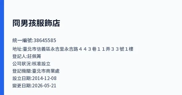 冏男孩服飾店的照片-統編 38645585(臺北市) 公司登記資料與營業項目詳細圖表