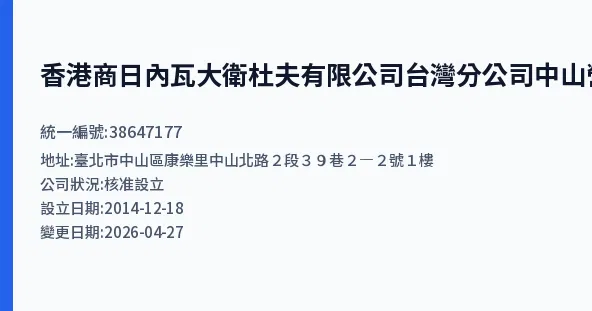 香港商日內瓦大衛杜夫有限公司台灣分公司中山營業所的照片-統編 38647177(臺北市) 公司登記資料與營業項目詳細圖表