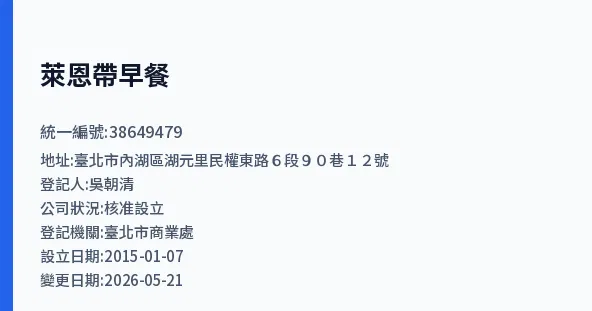 萊恩帶早餐的照片-統編 38649479(臺北市) 公司登記資料與營業項目詳細圖表