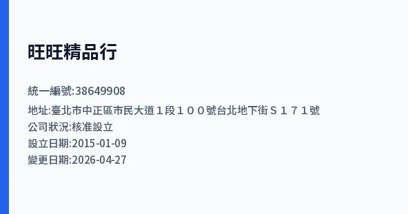 旺旺精品行的照片-統編 38649908(臺北市) 公司登記資料與營業項目詳細圖表