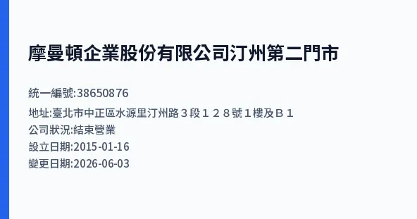 摩曼頓企業股份有限公司汀州第二門市的照片-統編 38650876(臺北市) 公司登記資料與營業項目詳細圖表