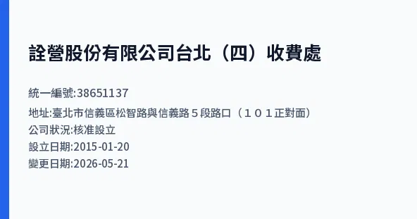 詮營股份有限公司台北(四)收費處的照片-統編 38651137(臺北市) 公司登記資料與營業項目詳細圖表