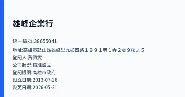 雄峰企業行的照片-統編 38655041(高雄市) 公司登記資料與營業項目詳細圖表