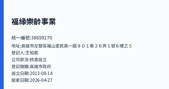 福緣樂齡事業的照片-統編 38659270(高雄市) 公司登記資料與營業項目詳細圖表