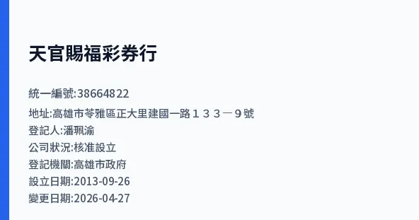天官賜福彩券行的照片-統編 38664822(高雄市) 公司登記資料與營業項目詳細圖表