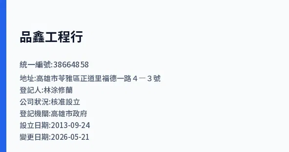 品鑫工程行的照片-統編 38664858(高雄市) 公司登記資料與營業項目詳細圖表