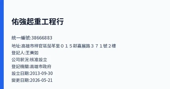 佑強起重工程行的照片-統編 38666883(高雄市) 公司登記資料與營業項目詳細圖表