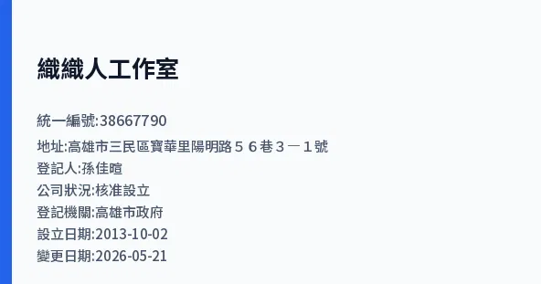 織織人工作室的照片-統編 38667790(高雄市) 公司登記資料與營業項目詳細圖表