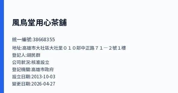 風鳥堂用心茶舖的照片-統編 38668355(高雄市) 公司登記資料與營業項目詳細圖表