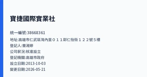 寶捷國際實業社的照片-統編 38668361(高雄市) 公司登記資料與營業項目詳細圖表