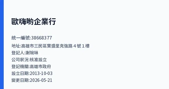 歐嗨喲企業行的照片-統編 38668377(高雄市) 公司登記資料與營業項目詳細圖表