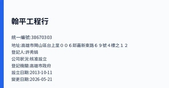 翰平工程行的照片-統編 38670303(高雄市) 公司登記資料與營業項目詳細圖表