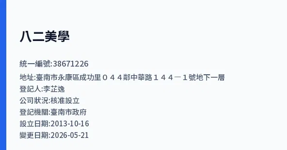 八二美學的照片-統編 38671226(臺南市) 公司登記資料與營業項目詳細圖表