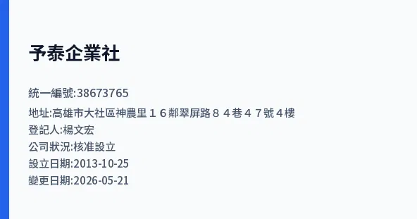 予泰企業社的照片-統編 38673765(高雄市) 公司登記資料與營業項目詳細圖表