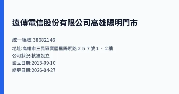 遠傳電信股份有限公司高雄陽明門市的照片-統編 38682146(高雄市) 公司登記資料與營業項目詳細圖表