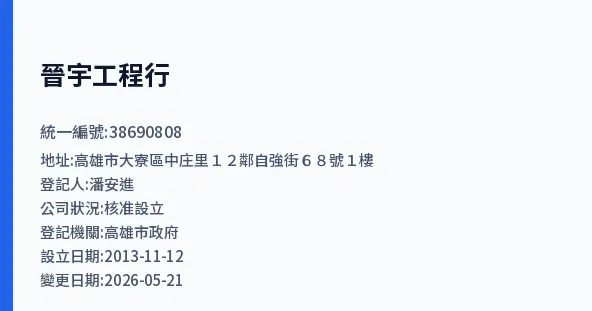 晉宇工程行的照片-統編 38690808(高雄市) 公司登記資料與營業項目詳細圖表