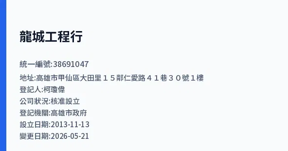 龍城工程行的照片-統編 38691047(高雄市) 公司登記資料與營業項目詳細圖表