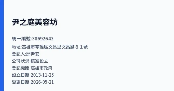 尹之庭美容坊的照片-統編 38692643(高雄市) 公司登記資料與營業項目詳細圖表