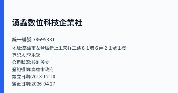 湧鑫數位科技企業社的照片-統編 38695331(高雄市) 公司登記資料與營業項目詳細圖表