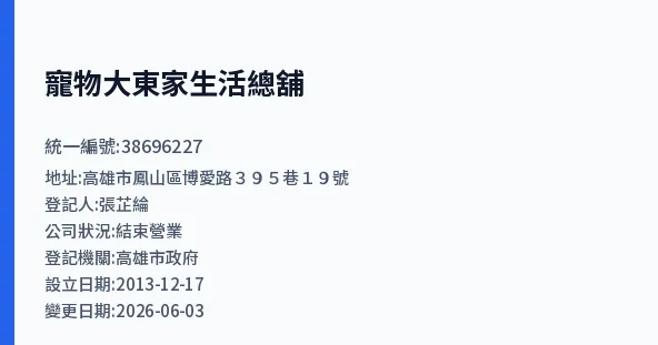 寵物大東家生活總舖的照片-統編 38696227(高雄市) 公司登記資料與營業項目詳細圖表