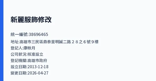 新麗服飾修改的照片-統編 38696465(高雄市) 公司登記資料與營業項目詳細圖表