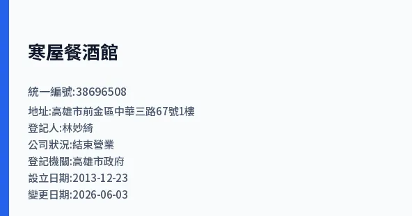 寒屋餐酒館的照片-統編 38696508(高雄市) 公司登記資料與營業項目詳細圖表
