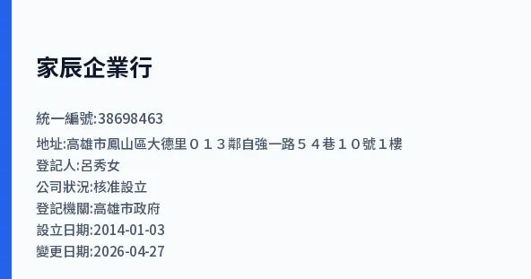 家辰企業行的照片-統編 38698463(高雄市) 公司登記資料與營業項目詳細圖表