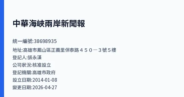 中華海峽兩岸新聞報的照片-統編 38698935(高雄市) 公司登記資料與營業項目詳細圖表