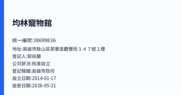 均林寵物館的照片-統編 38699836(高雄市) 公司登記資料與營業項目詳細圖表