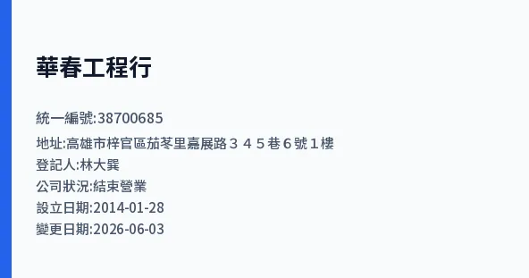 華春工程行的照片-統編 38700685(高雄市) 公司登記資料與營業項目詳細圖表