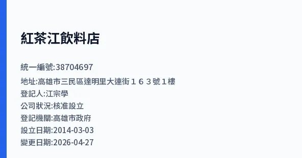 紅茶江飲料店的照片-統編 38704697(高雄市) 公司登記資料與營業項目詳細圖表