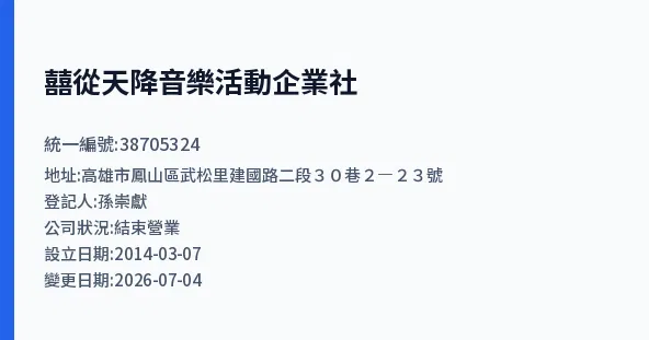 囍從天降音樂活動企業社的照片-統編 38705324(高雄市) 公司登記資料與營業項目詳細圖表