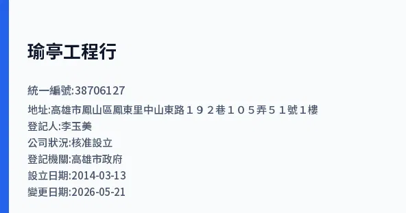 瑜亭工程行的照片-統編 38706127(高雄市) 公司登記資料與營業項目詳細圖表