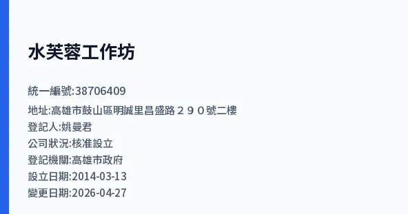 水芙蓉工作坊的照片-統編 38706409(高雄市) 公司登記資料與營業項目詳細圖表