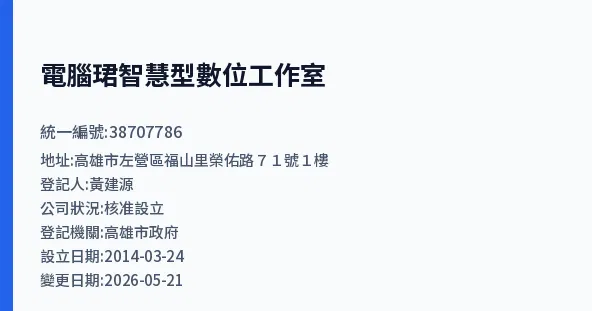 電腦珺智慧型數位工作室的照片-統編 38707786(高雄市) 公司登記資料與營業項目詳細圖表