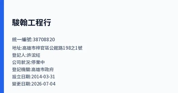 駿翰工程行的照片-統編 38708820(高雄市) 公司登記資料與營業項目詳細圖表