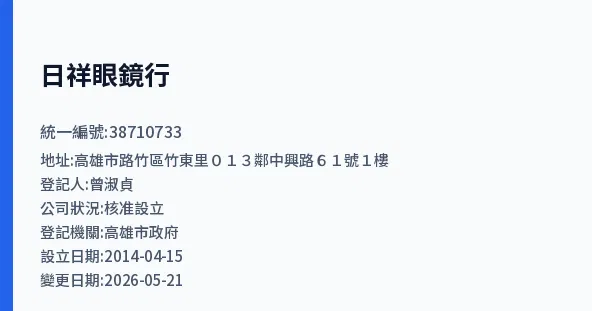 日祥眼鏡行的照片-統編 38710733(高雄市) 公司登記資料與營業項目詳細圖表