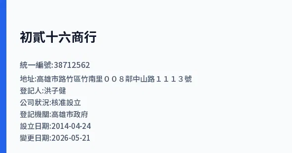 初貳十六商行的照片-統編 38712562(高雄市) 公司登記資料與營業項目詳細圖表