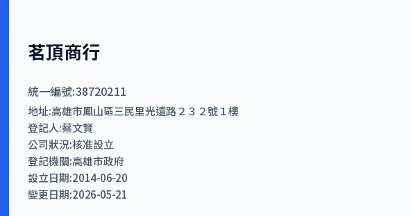 茗頂商行的照片-統編 38720211(高雄市) 公司登記資料與營業項目詳細圖表