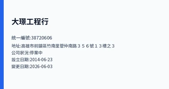 大璟工程行的照片-統編 38720606(高雄市) 公司登記資料與營業項目詳細圖表