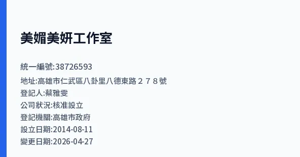 美媚美妍工作室的照片-統編 38726593(高雄市) 公司登記資料與營業項目詳細圖表