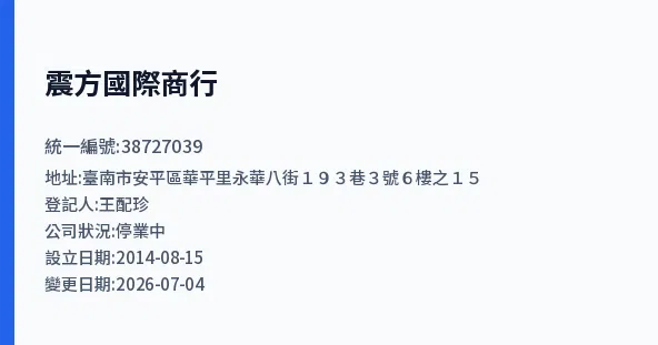 震方國際商行的照片-統編 38727039(臺南市) 公司登記資料與營業項目詳細圖表