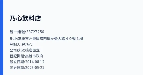 乃心飲料店的照片-統編 38727256(高雄市) 公司登記資料與營業項目詳細圖表
