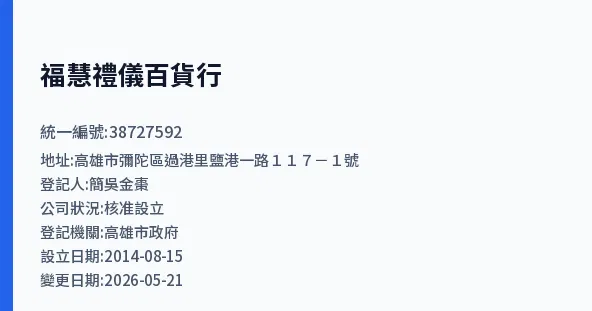 福慧禮儀百貨行的照片-統編 38727592(高雄市) 公司登記資料與營業項目詳細圖表