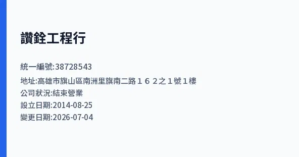 讚銓工程行的照片-統編 38728543(高雄市) 公司登記資料與營業項目詳細圖表