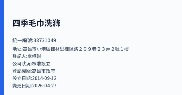 四季毛巾洗滌的照片-統編 38731049(高雄市) 公司登記資料與營業項目詳細圖表