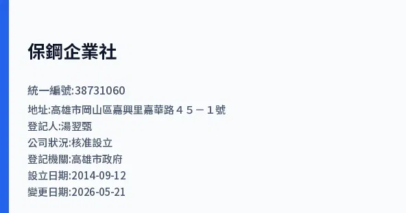 保鋼企業社的照片-統編 38731060(高雄市) 公司登記資料與營業項目詳細圖表